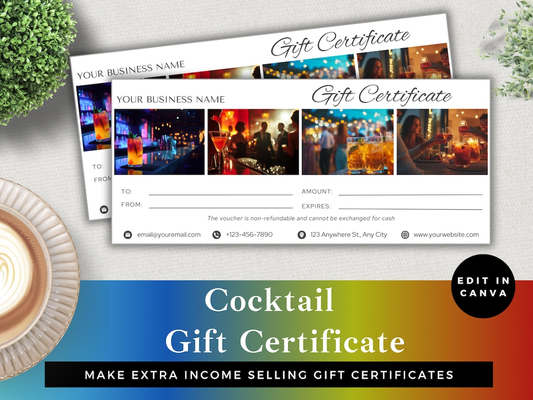 Editable Cocktail Gift Certificate: Bar & Mixology Class Voucher (canva ...