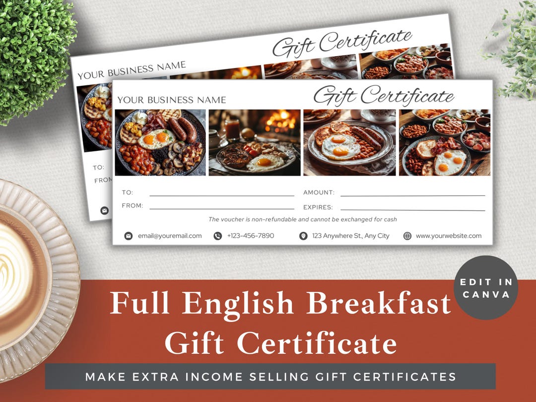 Editable Full English Breakfast Gift Certificate for Cafes B&bs | Canva ...