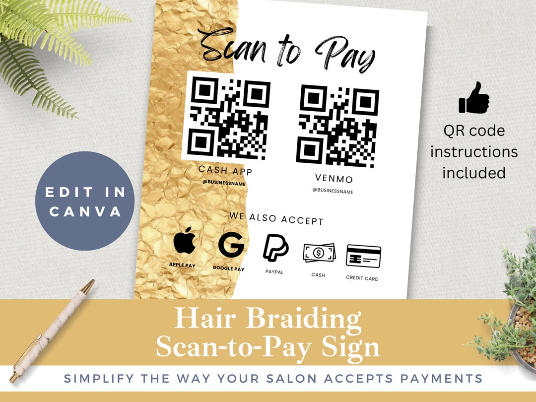 Editable Scan-to-pay Sign for Hair Braiding | Edit in Canva | Instant ...