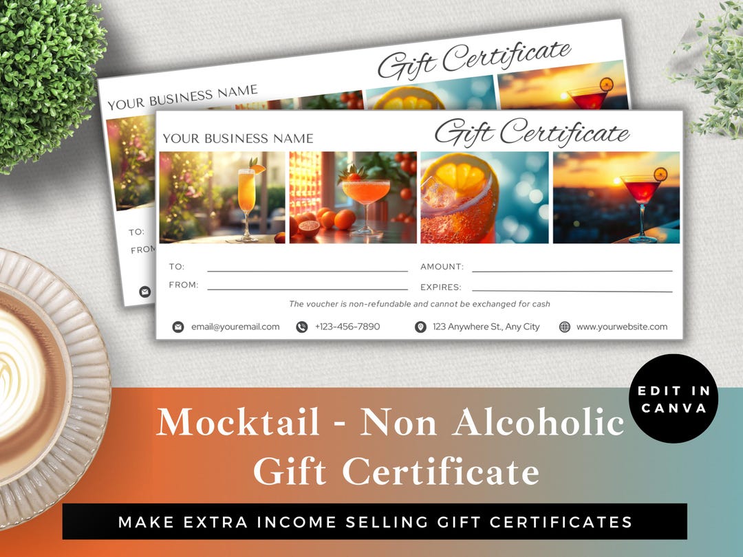 Editable Mocktail Gift Certificate | Non-alcoholic Drink Voucher ...