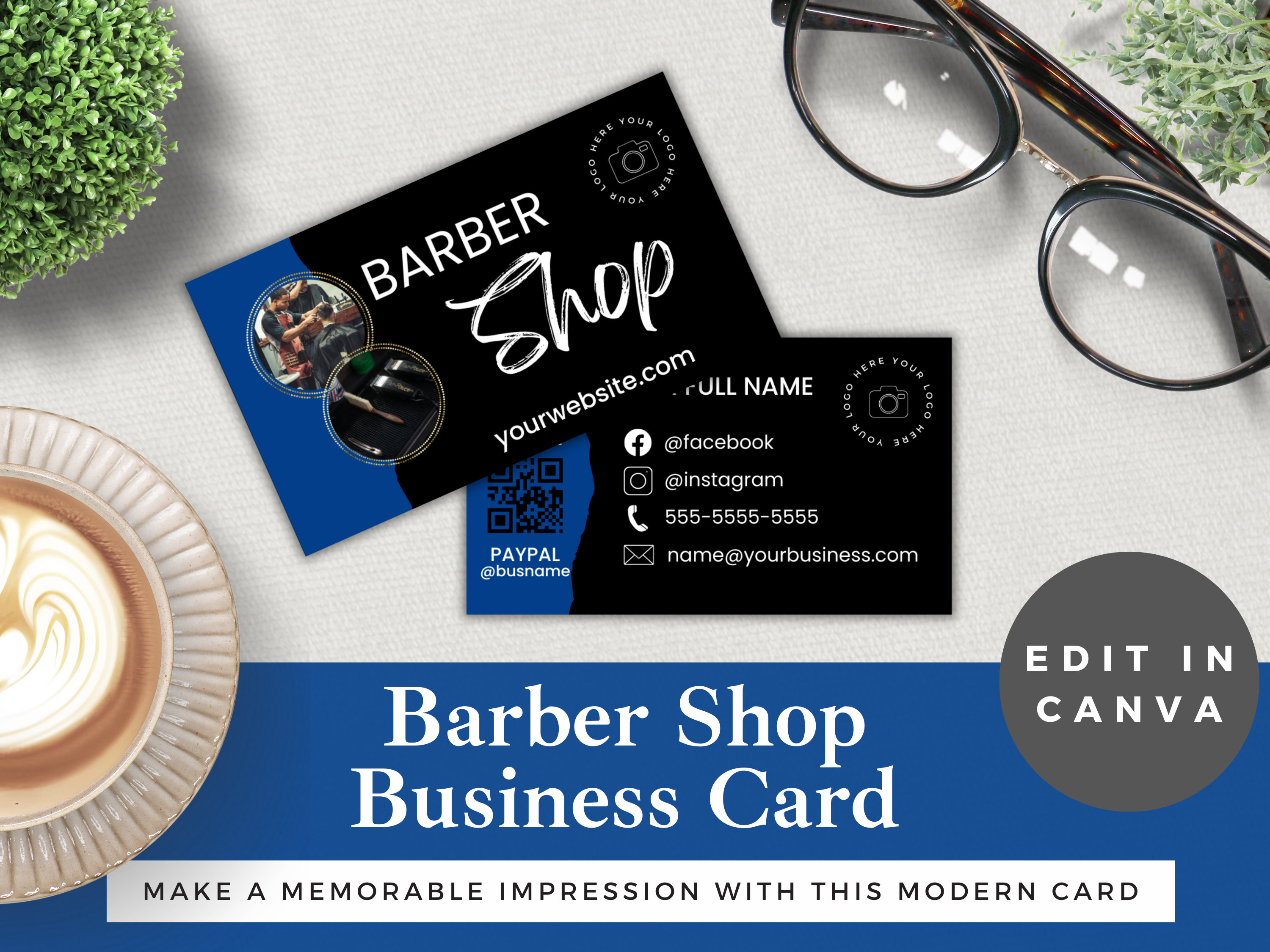 Barber Shop Business Card Template Editable | Edit in Canva | Instant ...