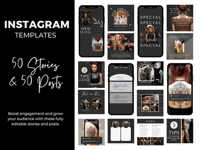 Tattoo IG Templates Set of 100 | Editable Posts and Stories Bundle for ...