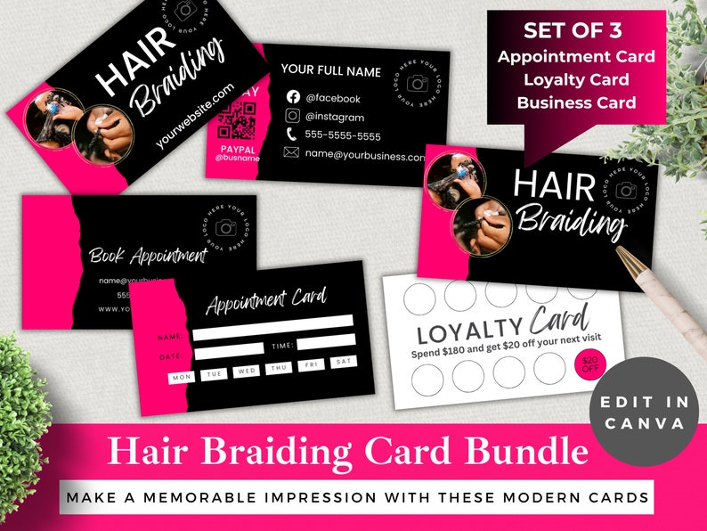 Hair Braiding Card Template Bundle | Edit in Canva | Instant Download ...