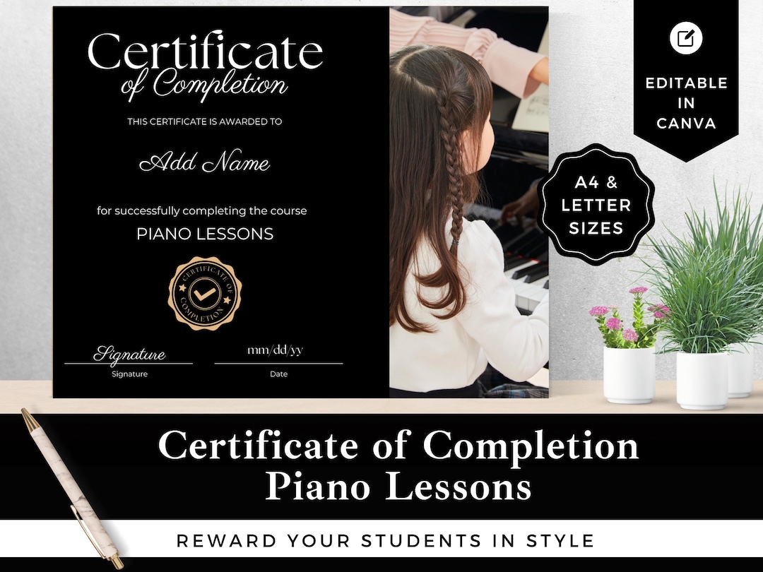 Editable Piano Certificate Canva Template | Piano Lessons Completion ...