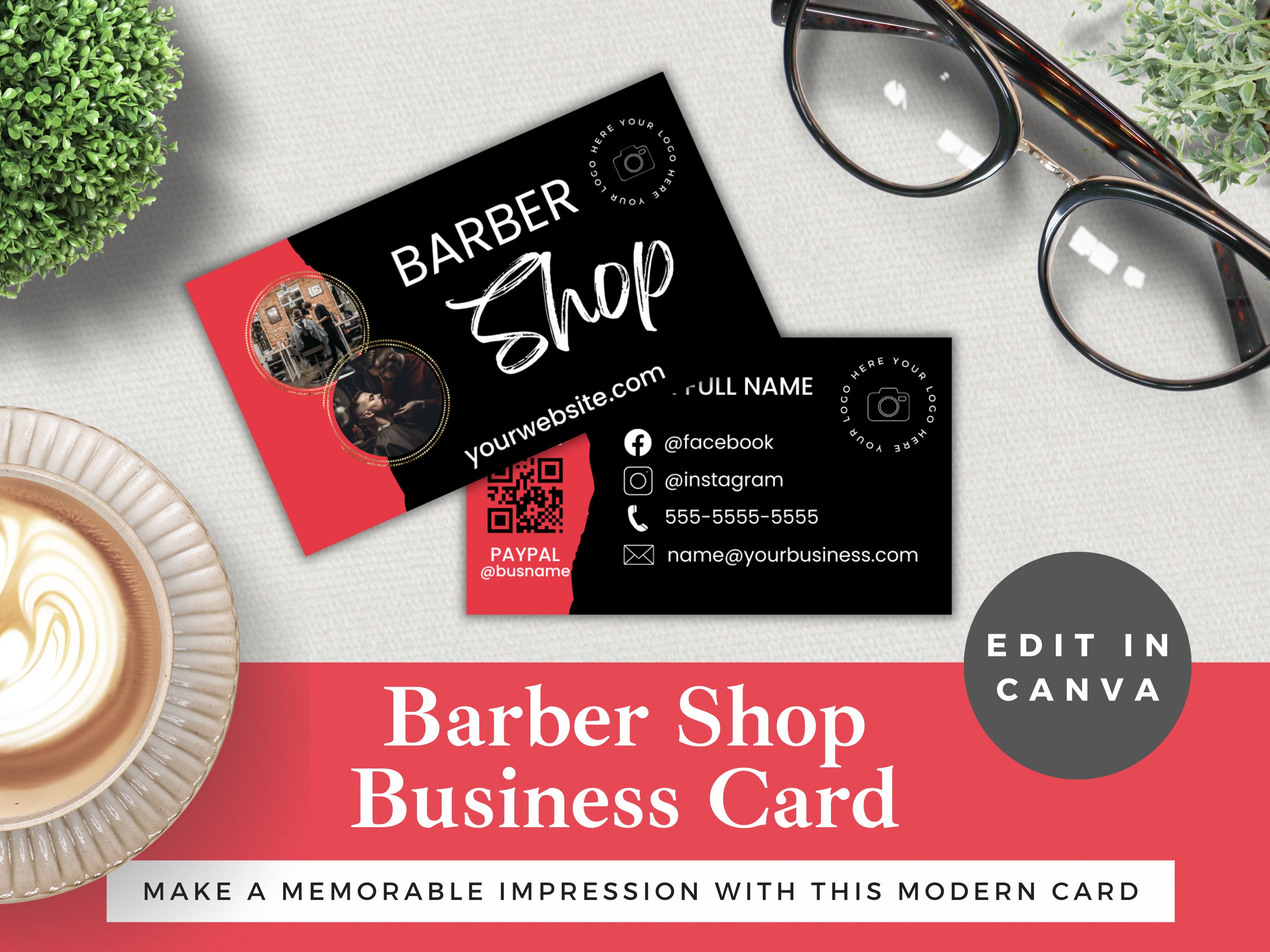 Barber Shop Business Card Template Editable | Edit in Canva | Instant ...