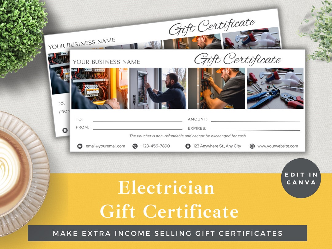 Electrician Gift Certificate Template: Editable Canva Voucher (digital ...