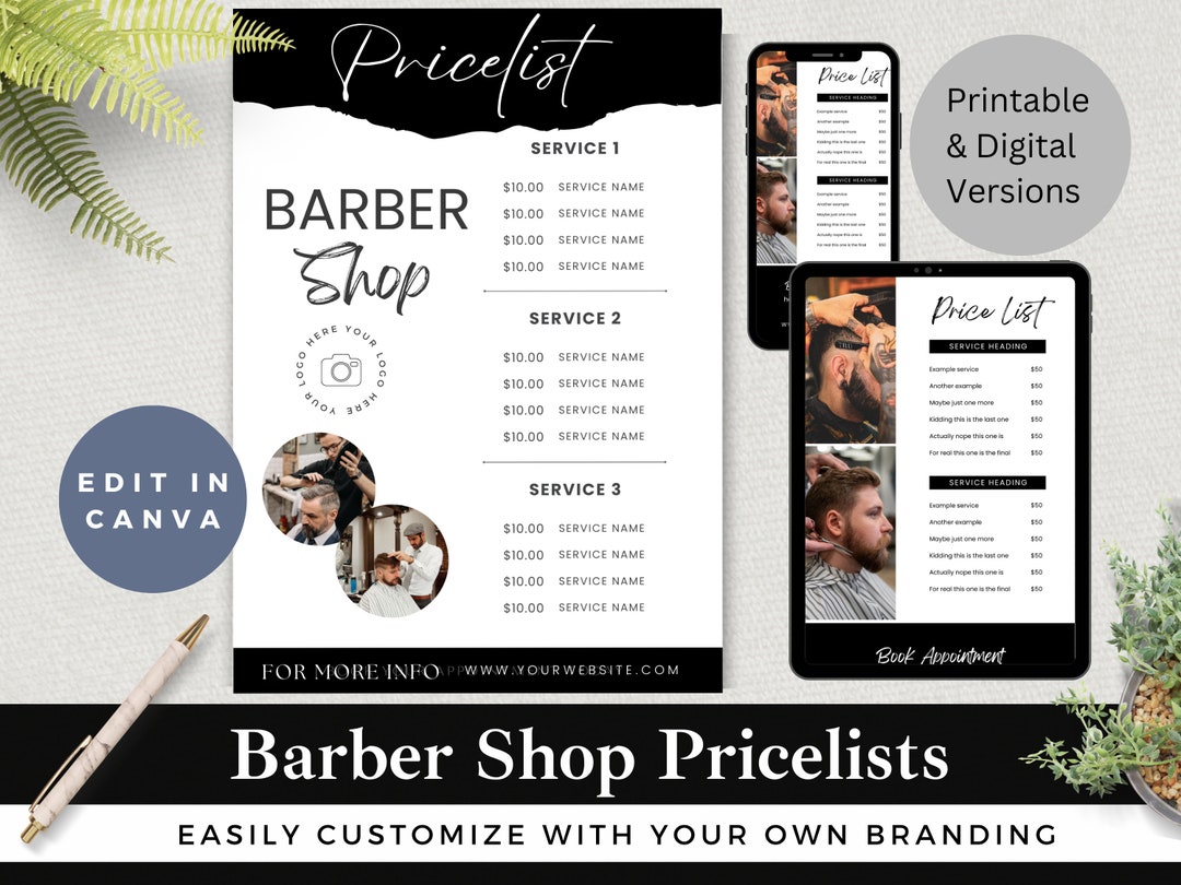 Barber Shop Pricelist Template: Black & White Canva Design (digital ...