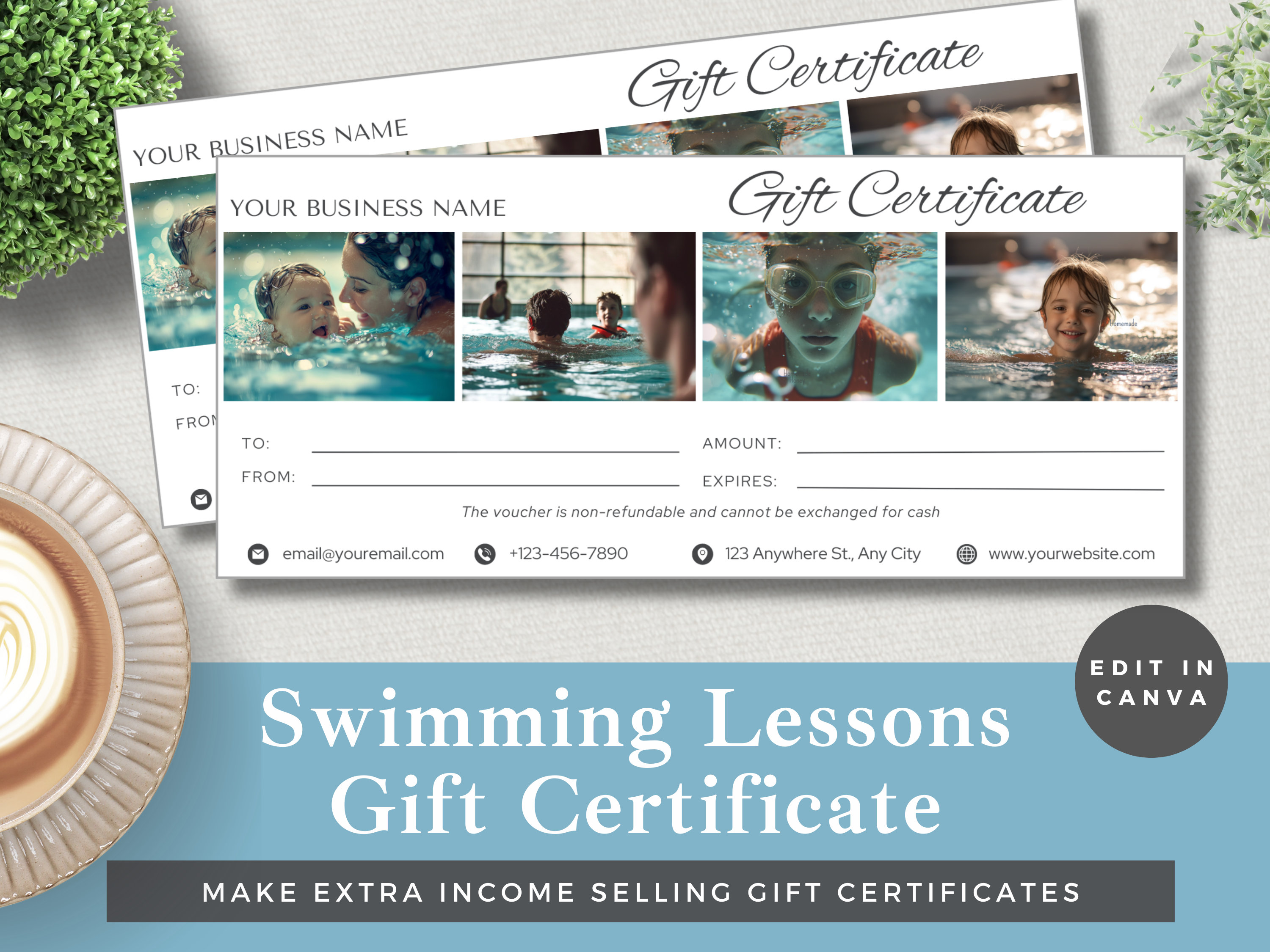 Editable Gift Certificate for Swimming Coach Canva Template Instant ...