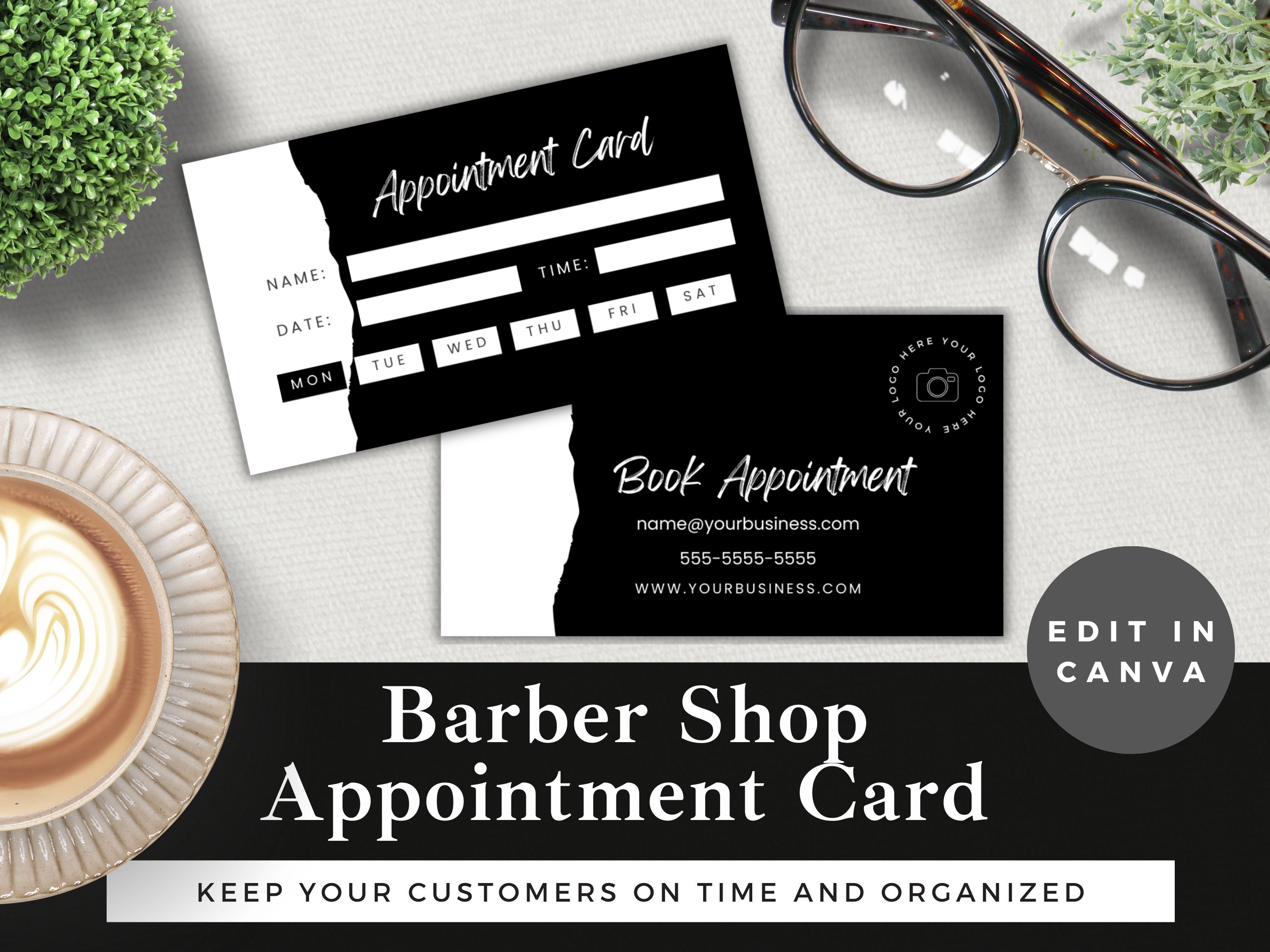 Barber Shop Appointment Card Template: Editable Black & White Design ...