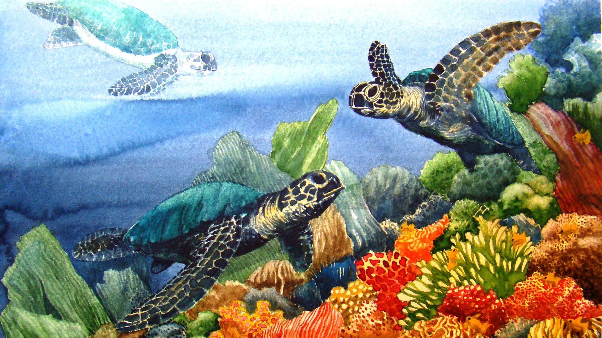 Sea Turtle Wall Art-sea Turtle Painting-sea Turtles and Coral Painting ...