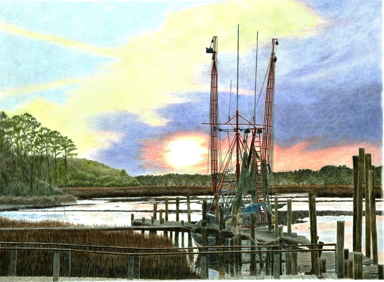 Fine Art Print, Shrimp Boat, Sandra Gail, Dock, Calabash River, Sunset ...