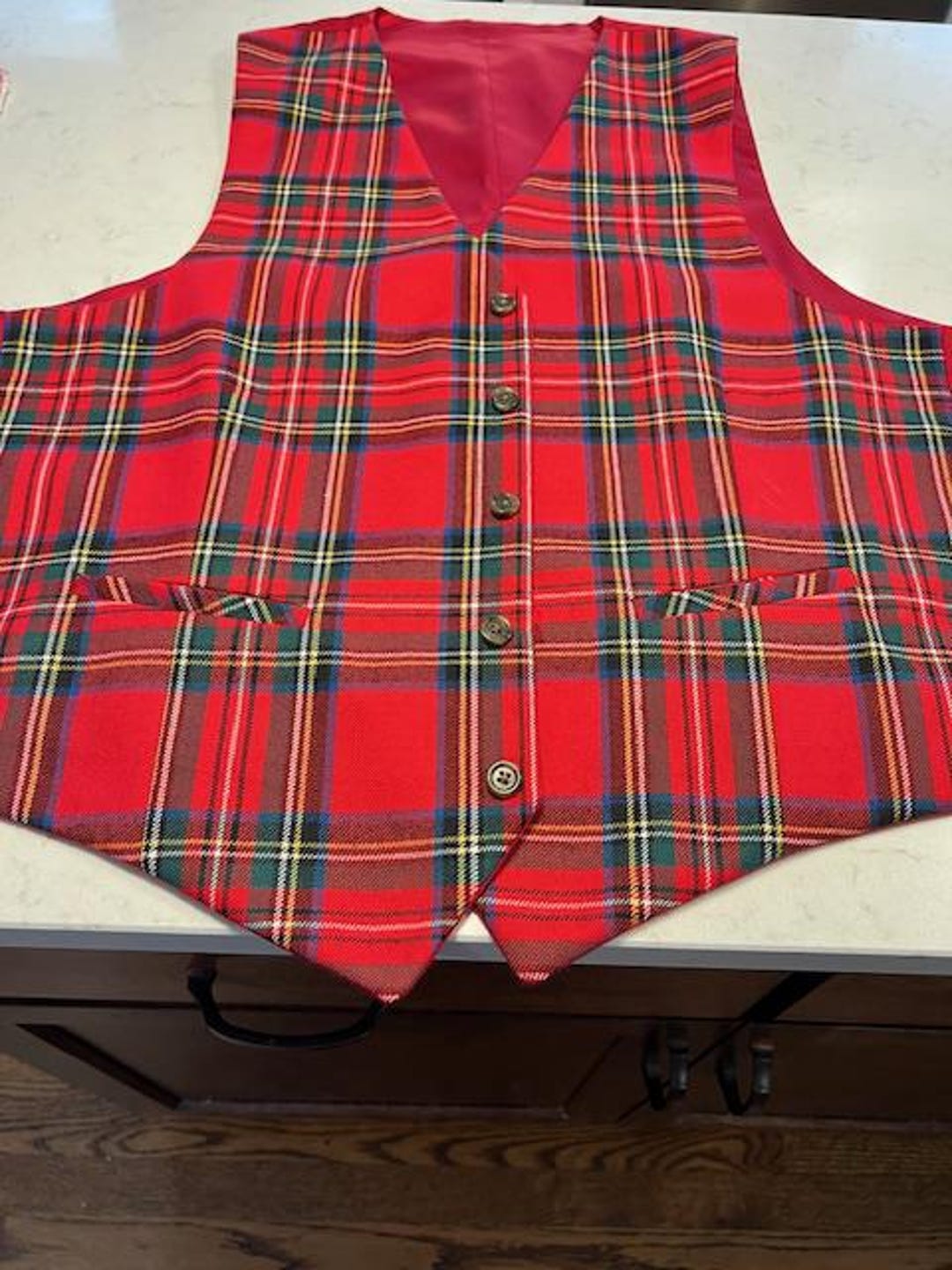 Men's Christmas Vest - Lg - Red Wool Plaid - Reversable - Red Satin ...