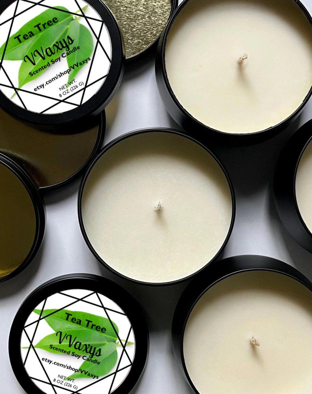 Tea Tree Scented Soy Wax Candle in Black Container Essential Oil Candle ...