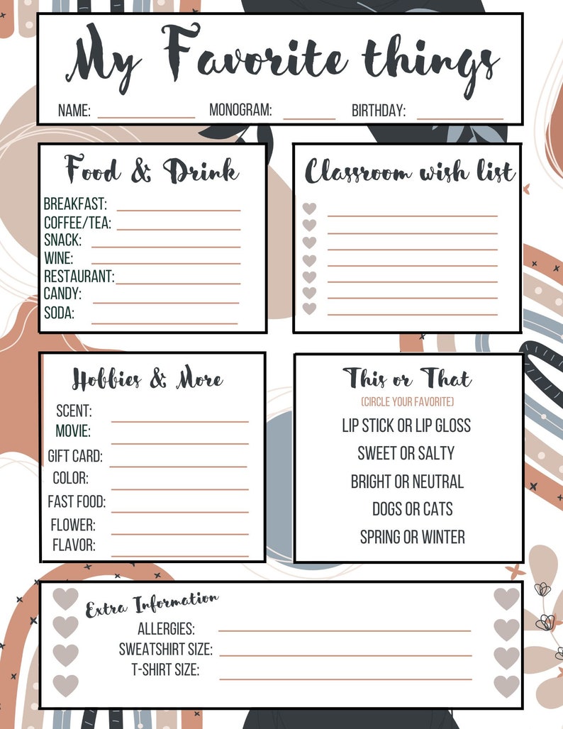 Teacher Favorite Things Questionnaire Back to School Teacher - Etsy