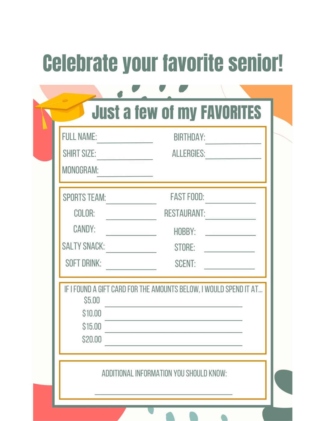 Senior Favorite Things Questionnaire | Back to School Teacher Survey ...