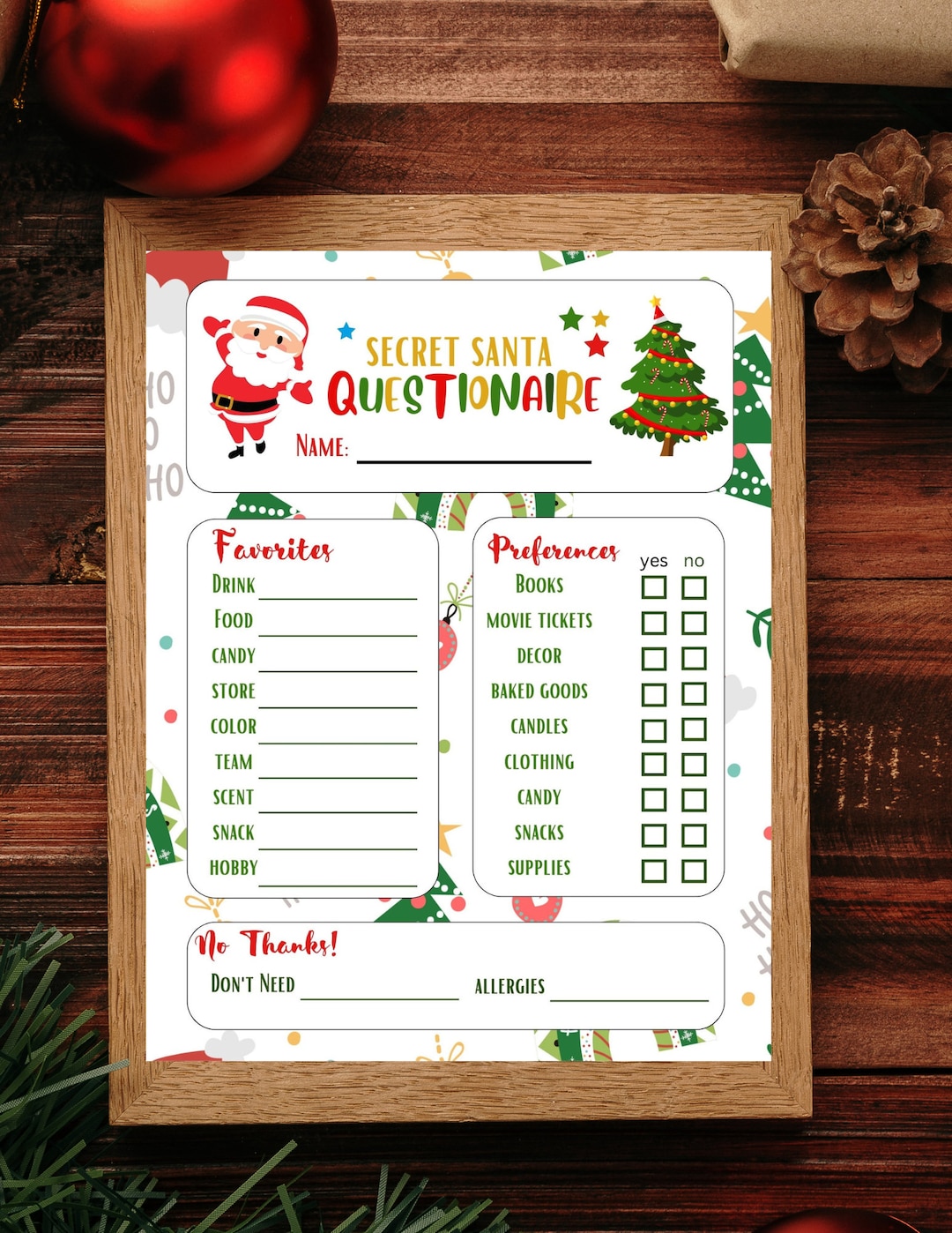 INSTANT DOWNLOAD Printable 8.5x11 Secret Santa Questionnaire Gift ...