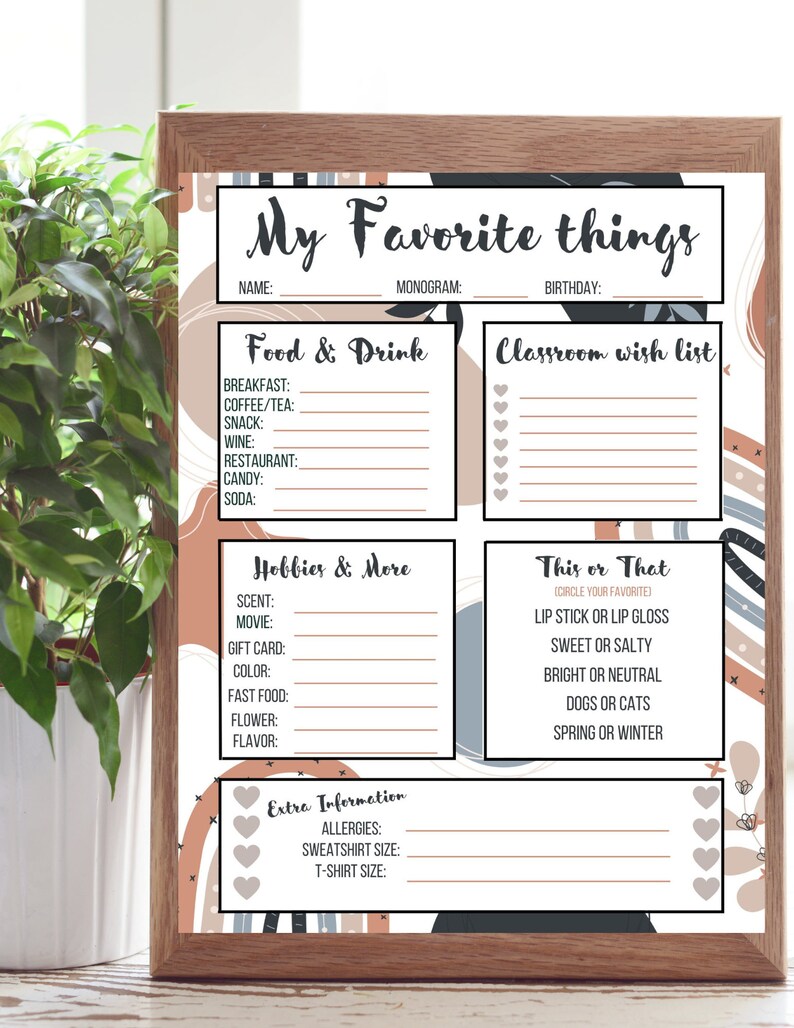 Teacher Favorite Things Questionnaire Back to School Teacher - Etsy
