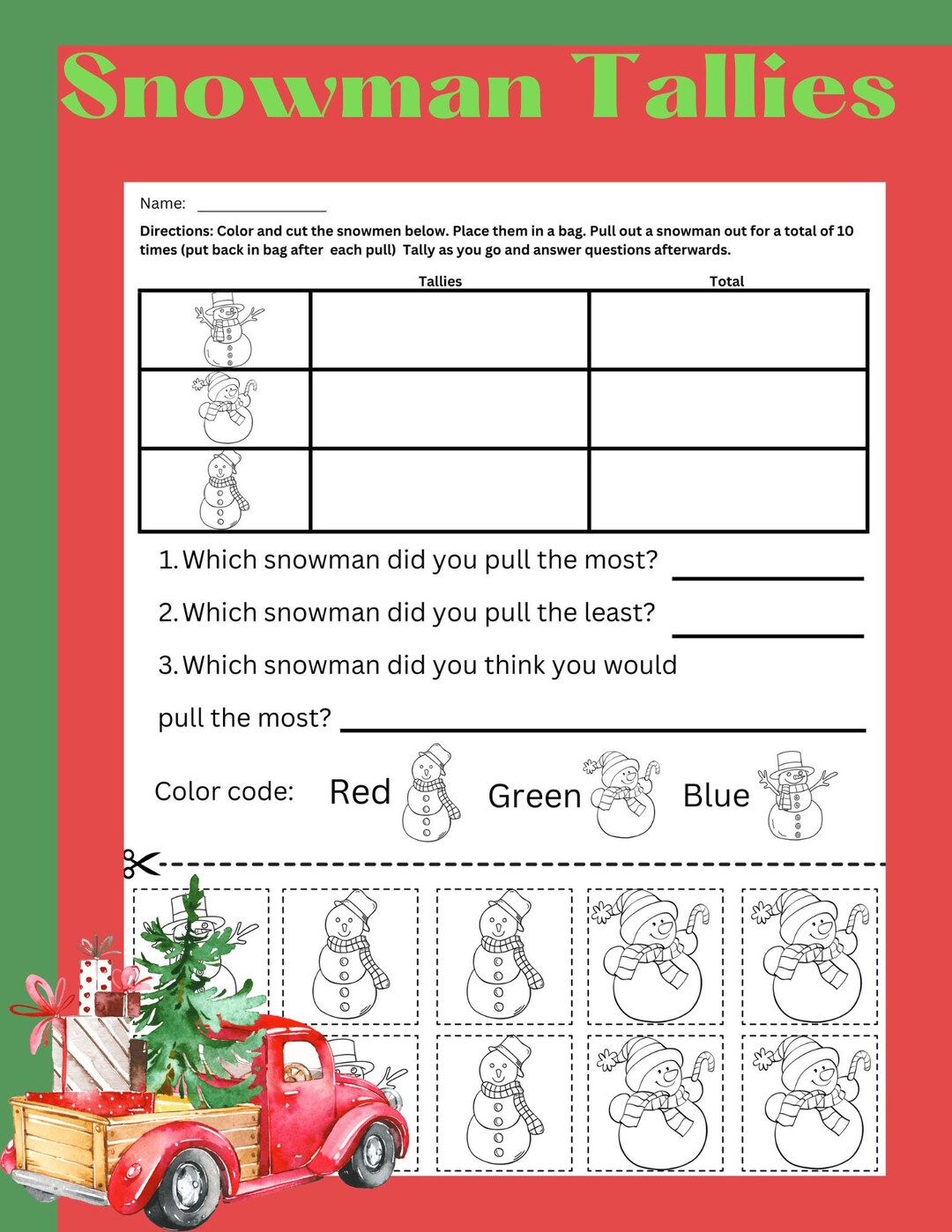 No PREP Snowman Tallies Printable | Instant Download | Math Worksheet ...