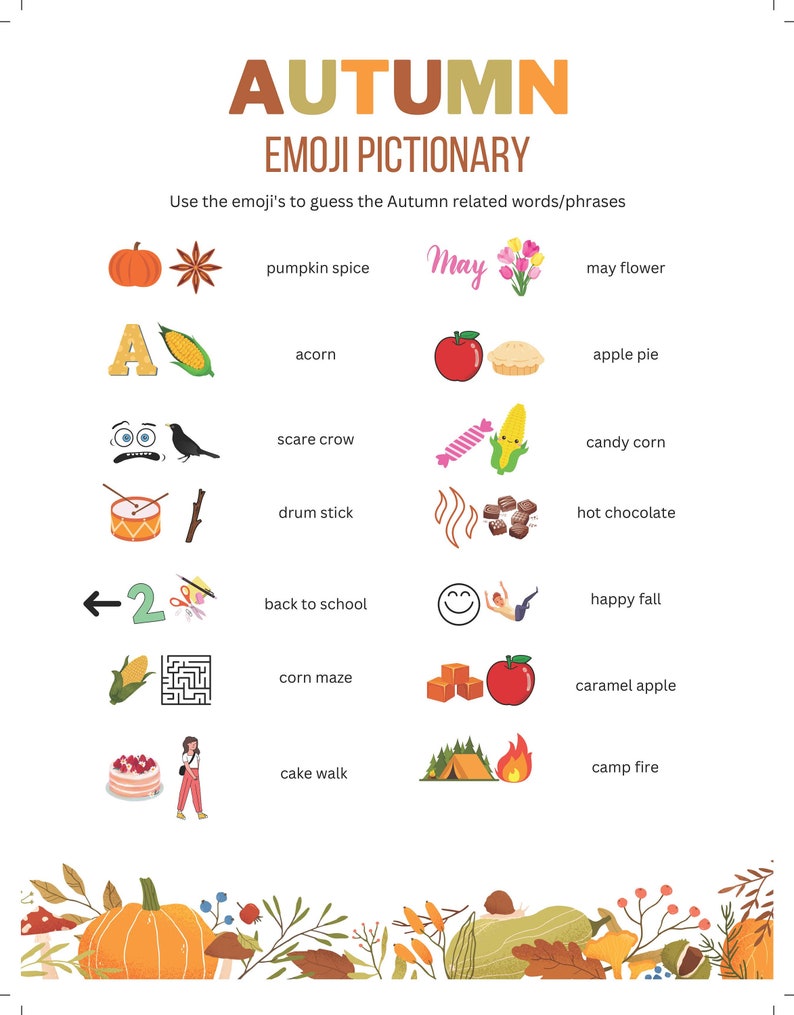 Fall Emoji Pictionary Printable Autumn Games Fall Time - Etsy Hong Kong