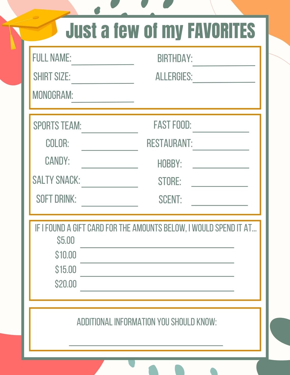Senior Favorite Things Questionnaire | Back to School Teacher Survey ...