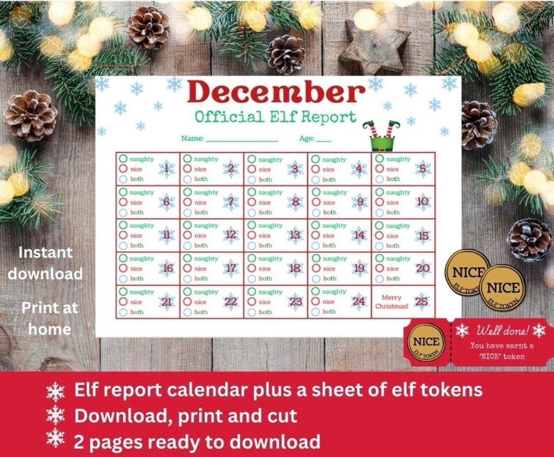Elf Report Calendar and Tokens Digital Download, Print at Home - Etsy