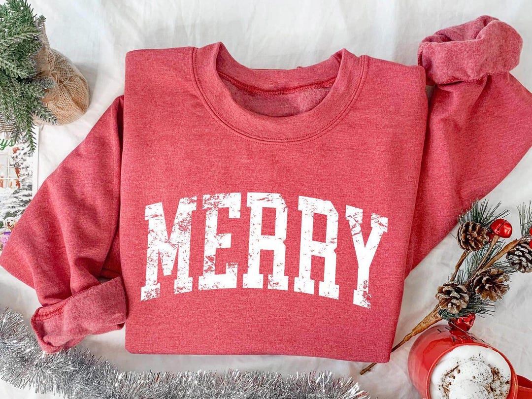 Retro Merry Sweatshirt : Womens Christmas Shirt, Festive Holiday ...