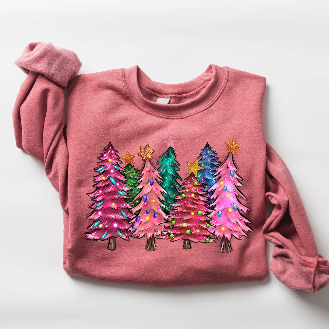 Pink Merry Christmas Tree Sweatshirt, Cute Womens Christmas Crewneck ...