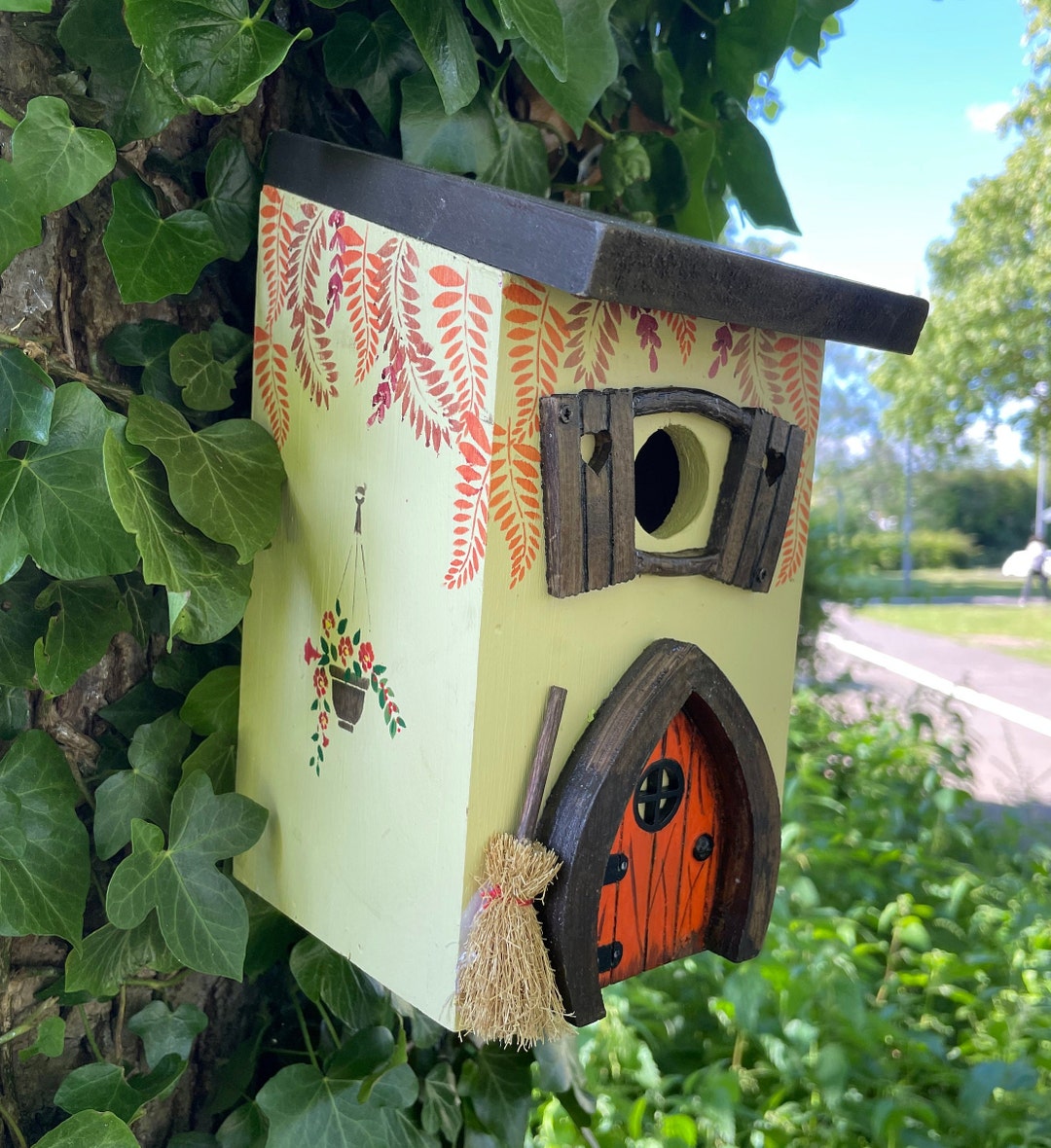 Yellow Hand Painted Nesting Box With an Orange Fairy Door, Wooden ...