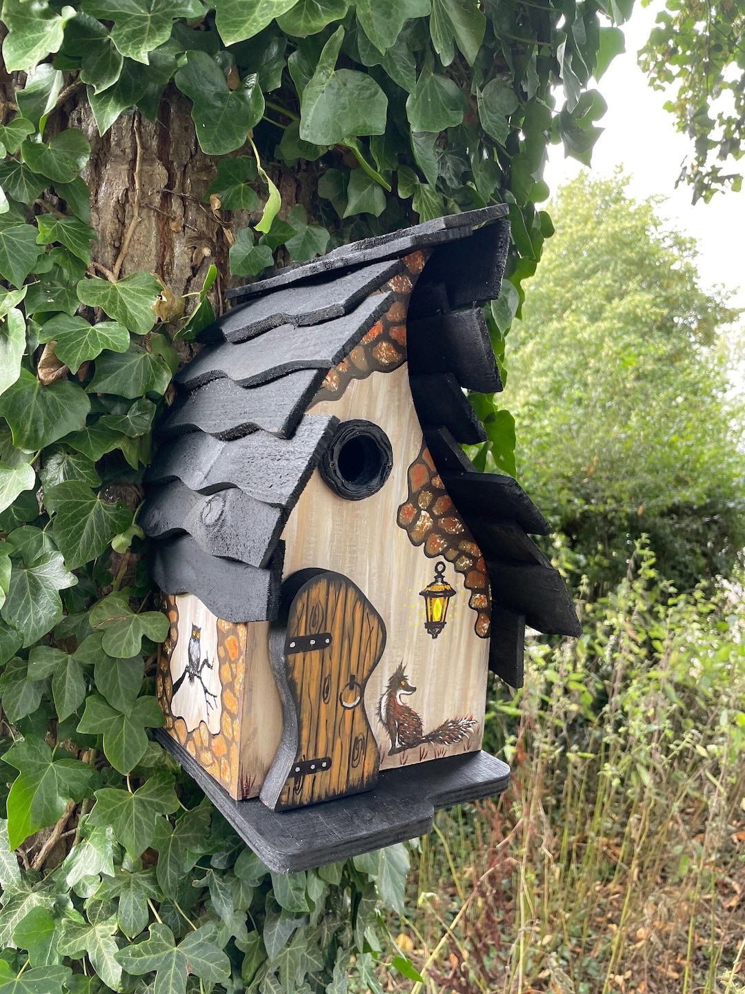 Whimsical Bird House Featuring a Fox, Owl, Lantern and Fairy Door. This ...