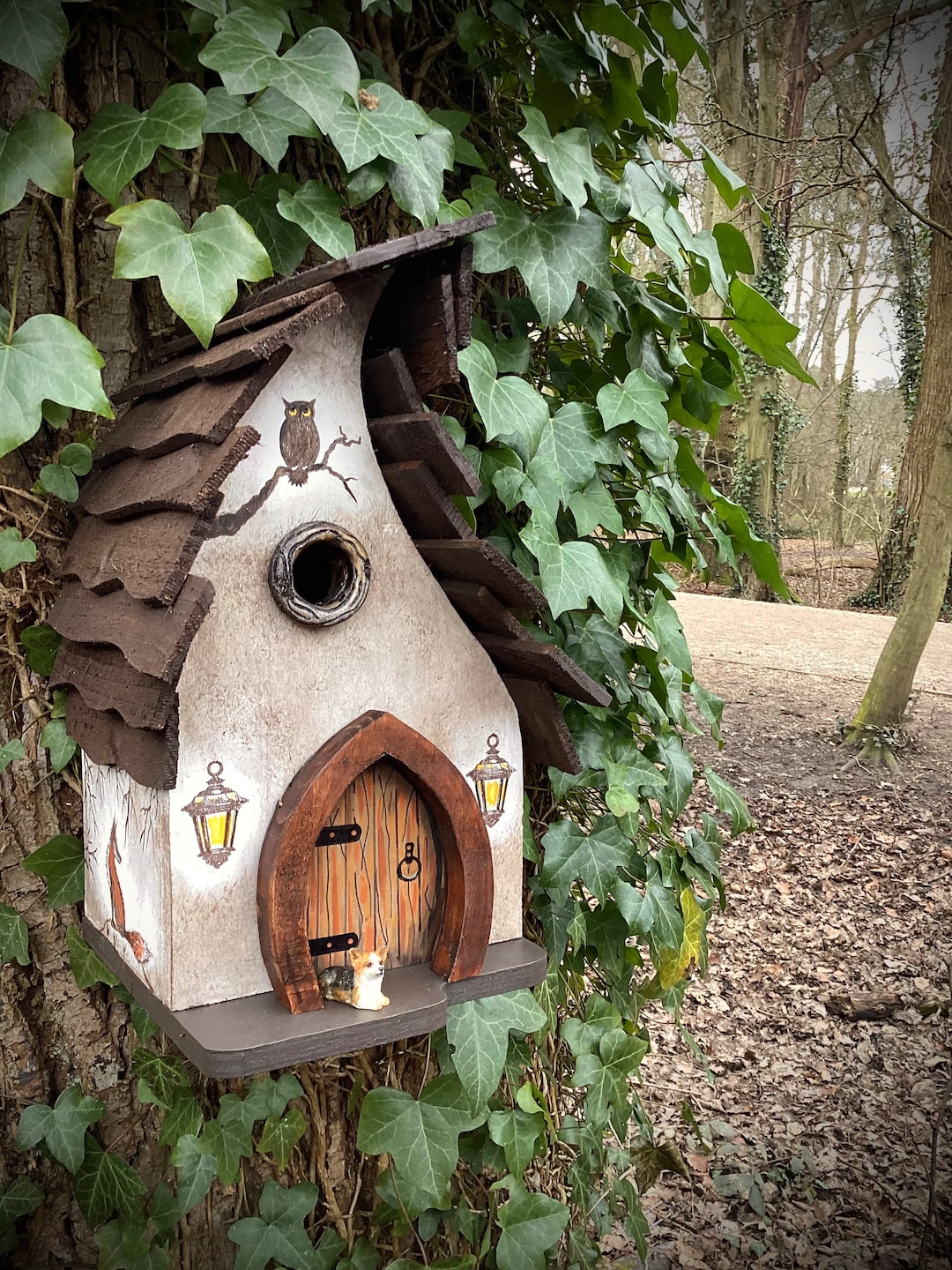Wooden Bird Box, Bird House, Hand Painted Featuring a Fox, Owl, Dog ...