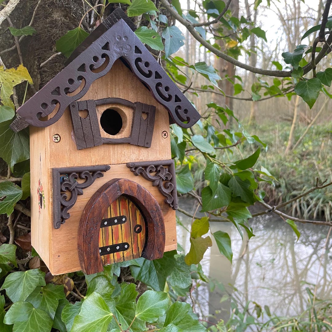 Whimsical Wooden Bird House. Natural Nesting Bird Box With a Fairy ...