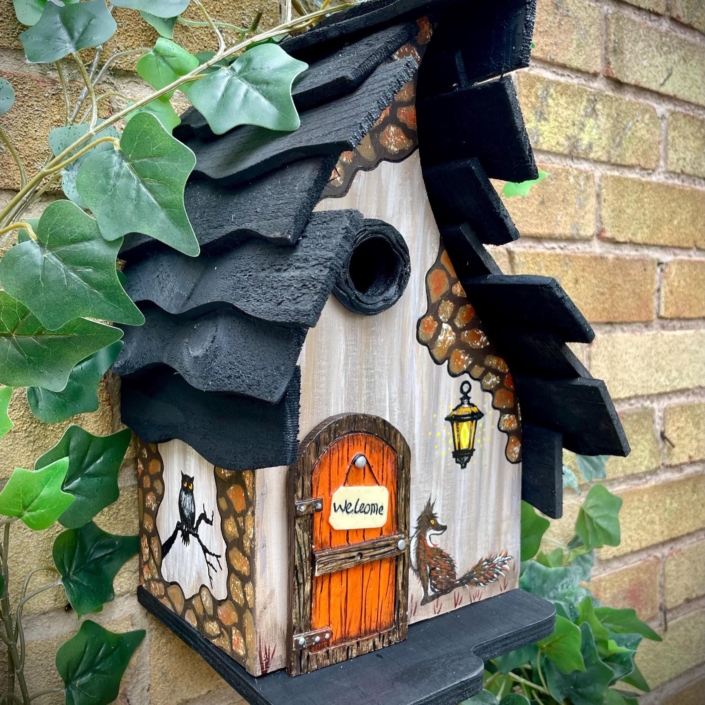 Whimsical Bird House Featuring a Fox, Owl, Lantern and Fairy Door. This ...
