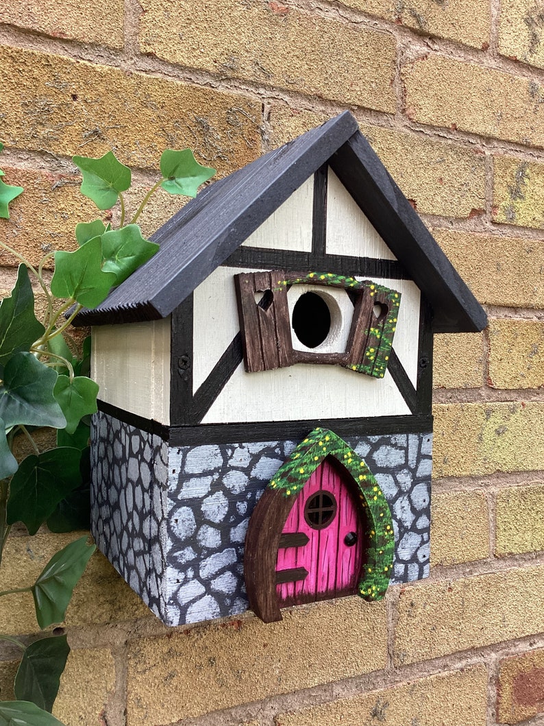 Hand Painted Bird Box in a Stone Wall Style. Pink Fairy Door, Fairy ...