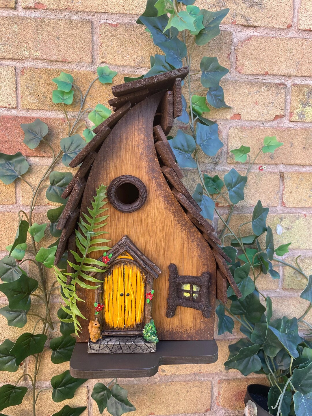 Wooden Birdhouse With Windows and Fairy Door. Fairy Bird House, Bird ...