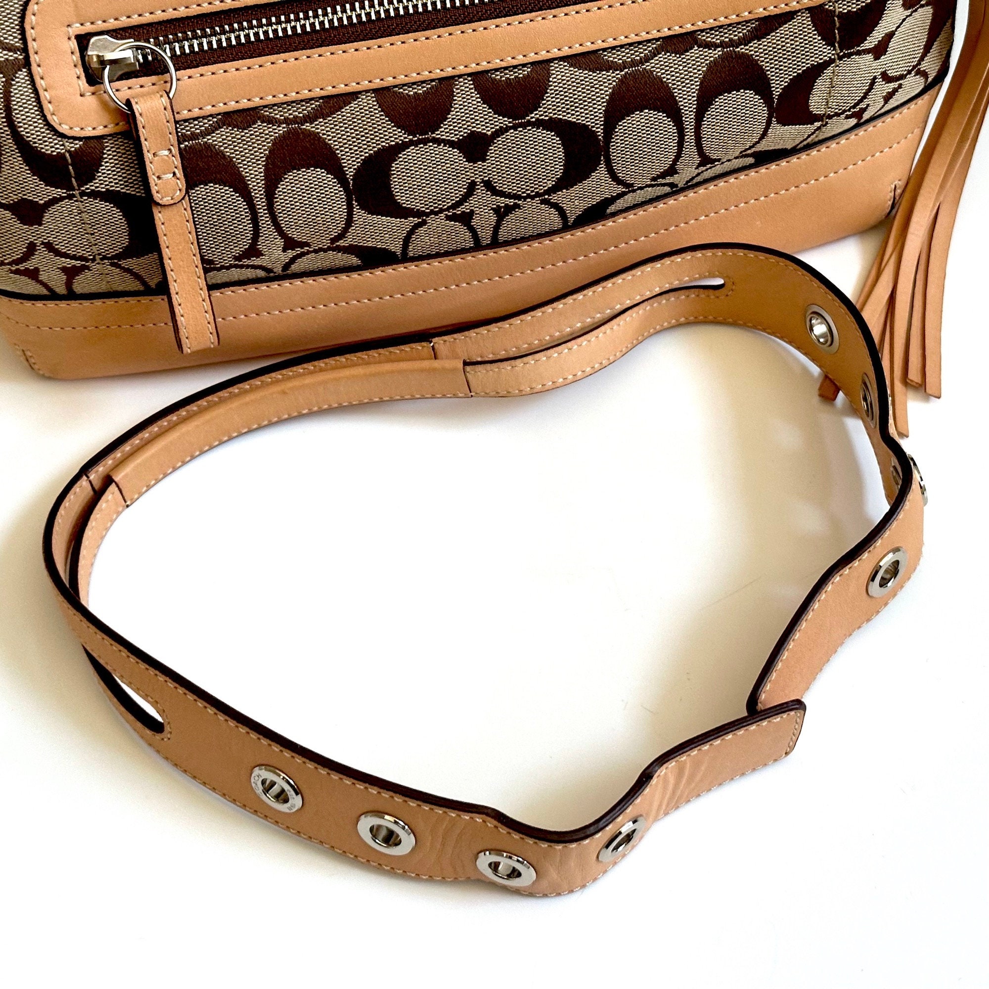 Coach Signature Tan Shoulder Bag, Fabric, Leather & Leather Tassel ...