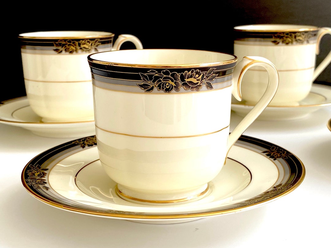 Noritake Spell Binder Cups and Saucers, Set of 4, Gold Black Flowers - Etsy