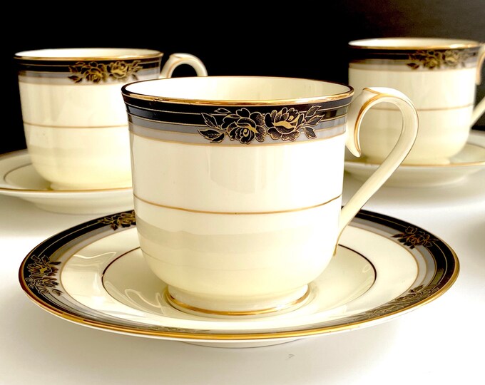 Noritake Spell Binder Cups and Saucers, Set of 4, Gold Black Flowers - Etsy