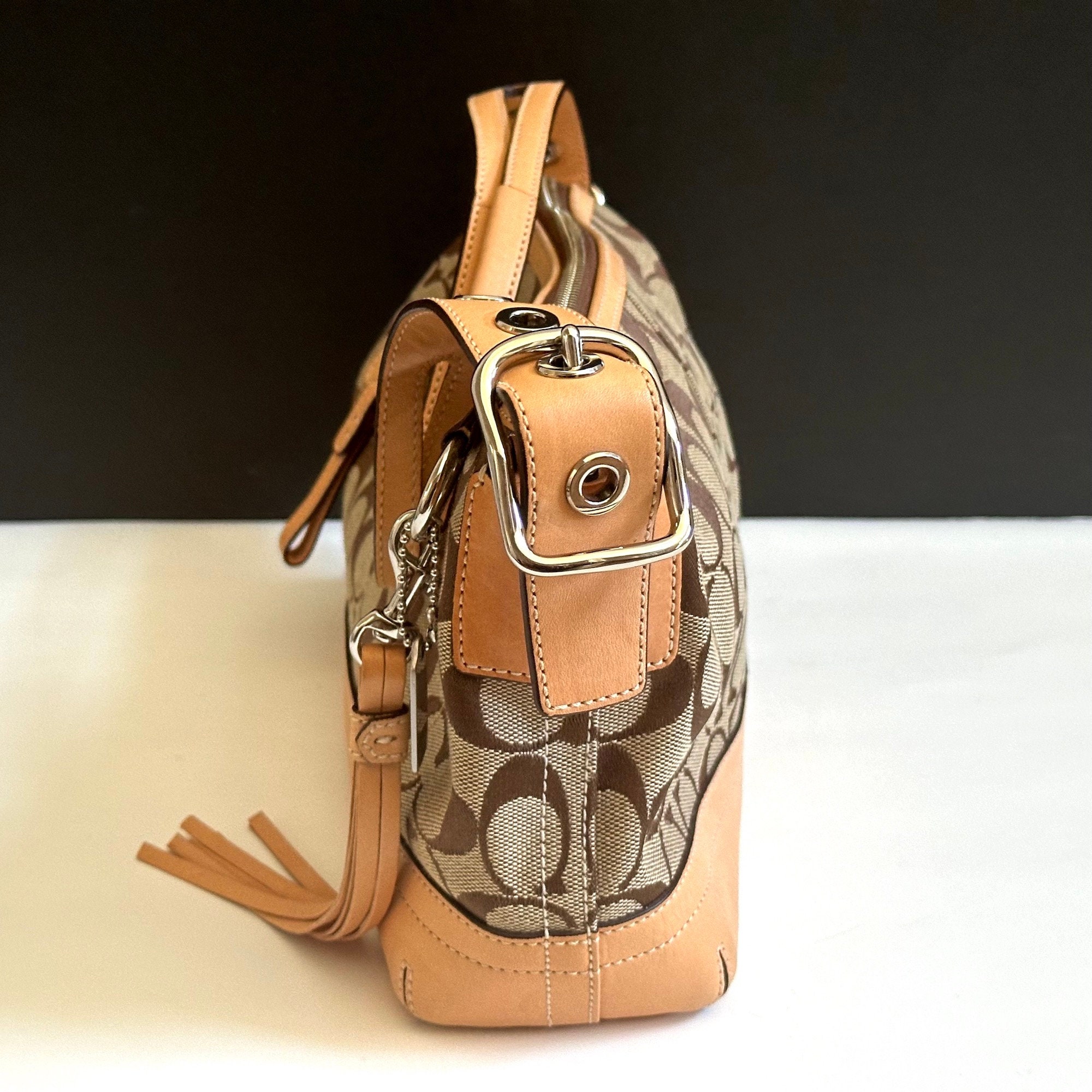 Coach Signature Tan Shoulder Bag, Fabric, Leather & Leather Tassel, F04U-9363 - Etsy