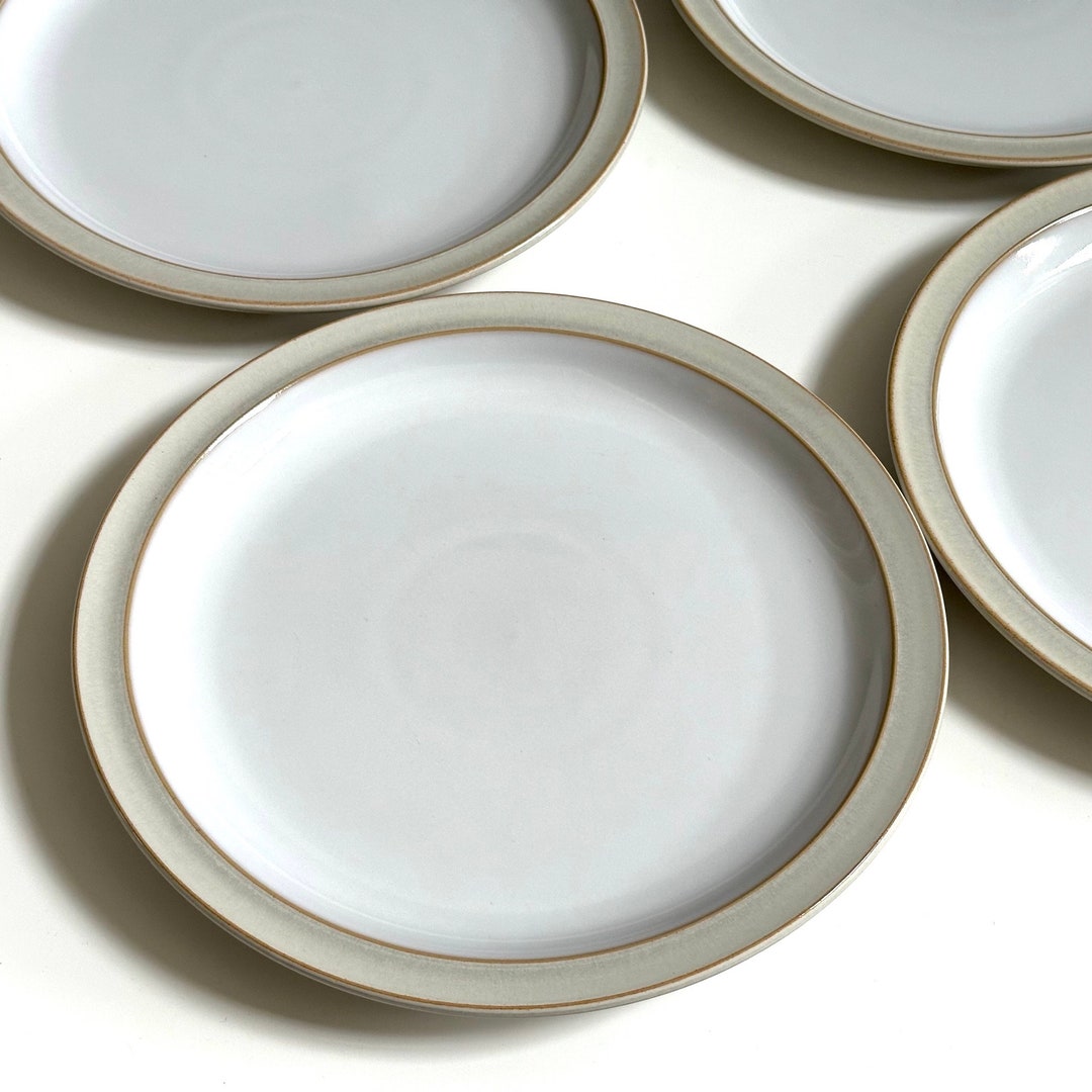 White Stoneware Salad Plates, Tan Rims (set of 4): Linen by Denby ...