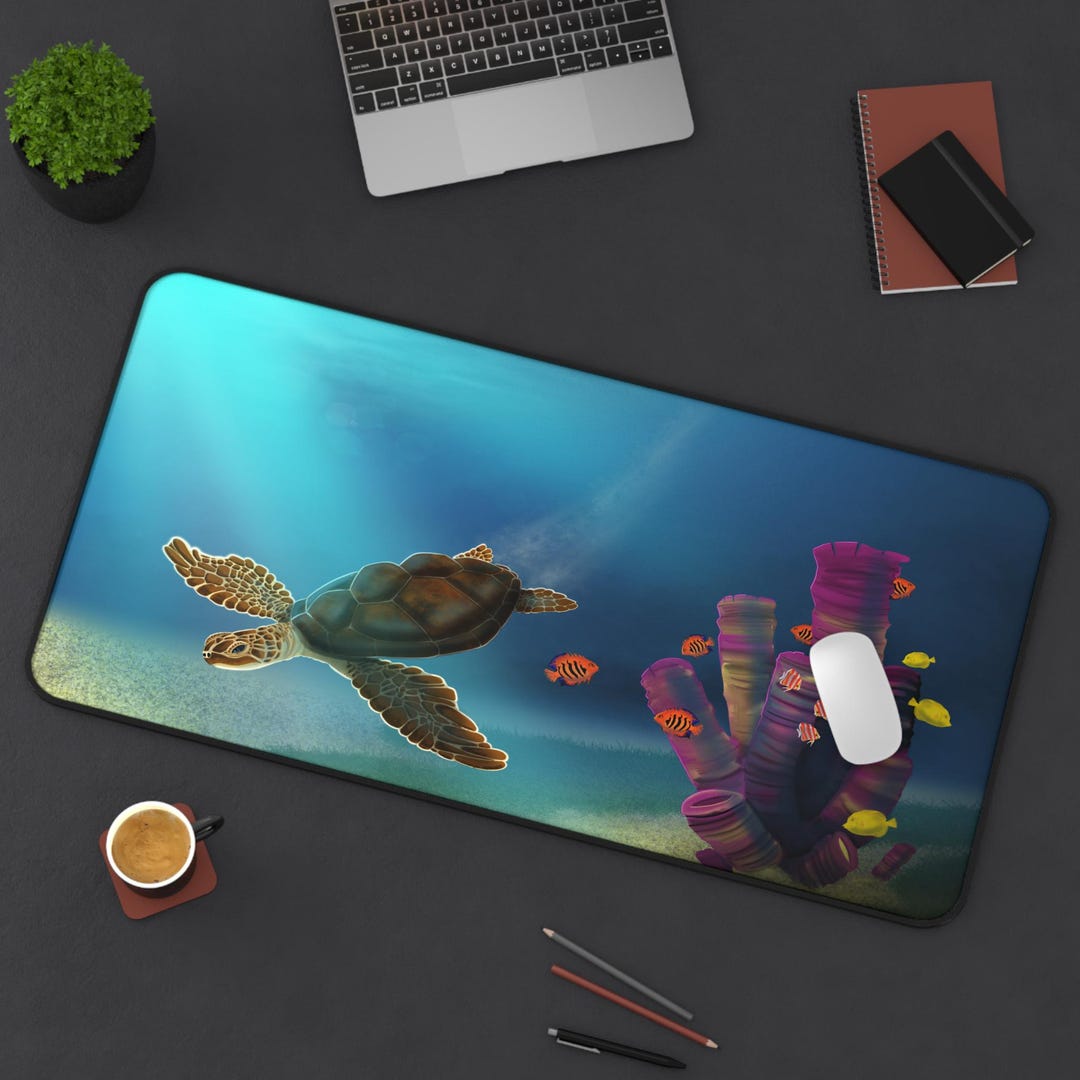 Sea Turtle Swimming Desk Mat, Ocean Life Workspace Decor, Cute Turtle ...