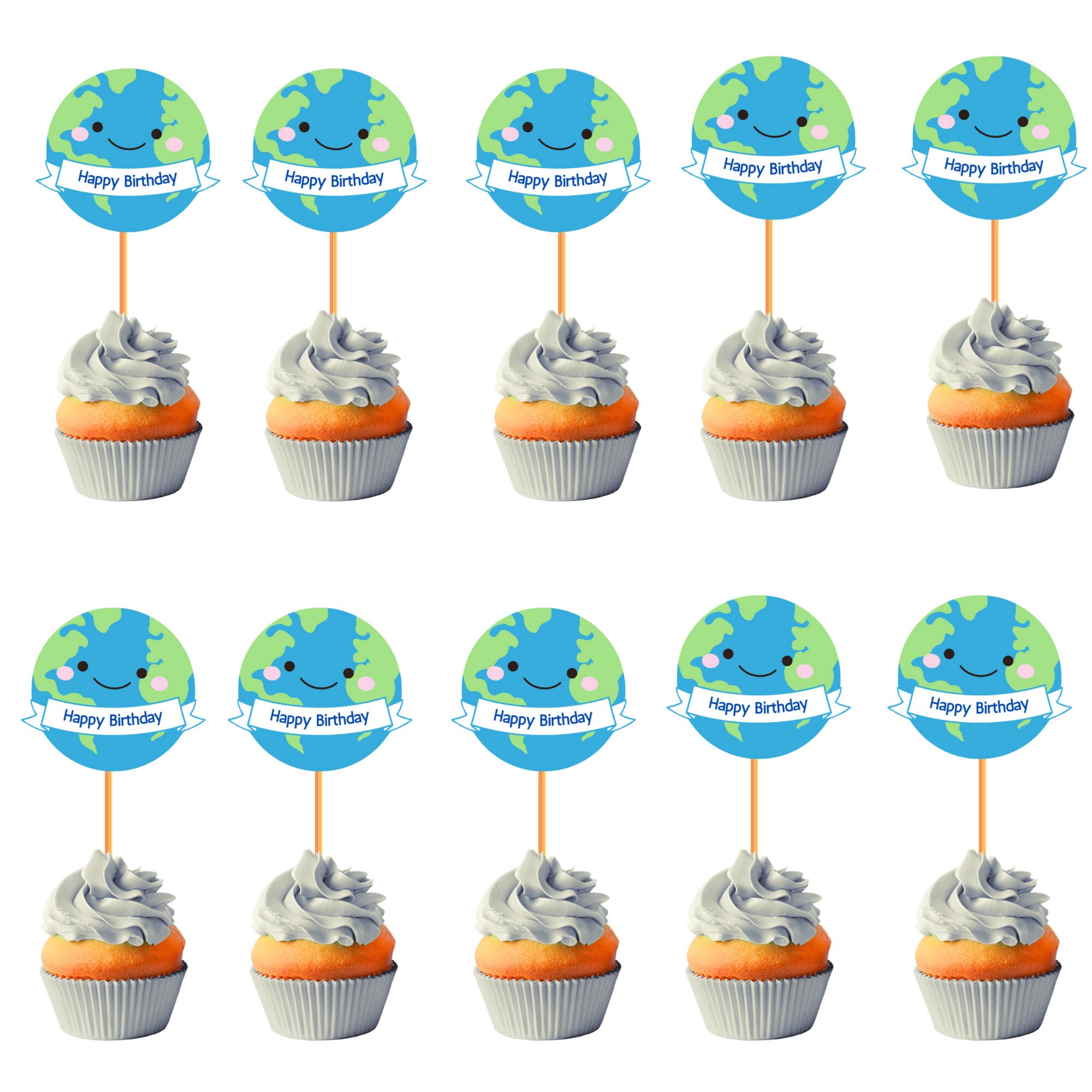 Happy Earth Happy Birthday Themed Birthday Cupcake Topper Set, Spaced ...