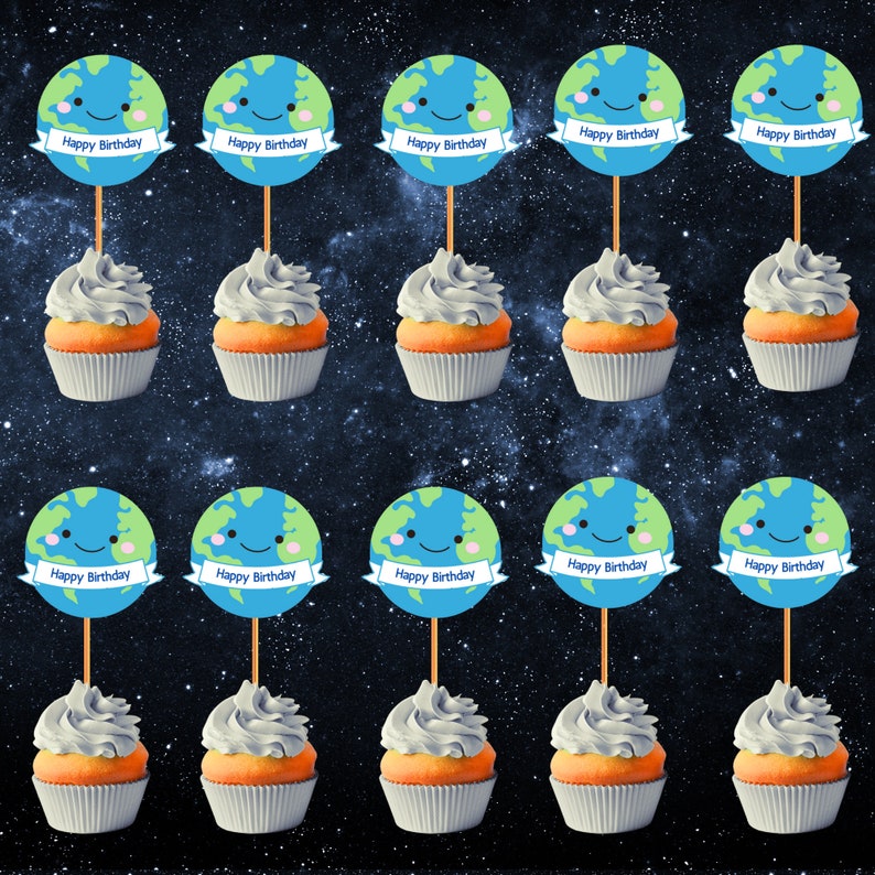 Happy Earth Happy Birthday Themed Birthday Cupcake Topper Set, Spaced ...