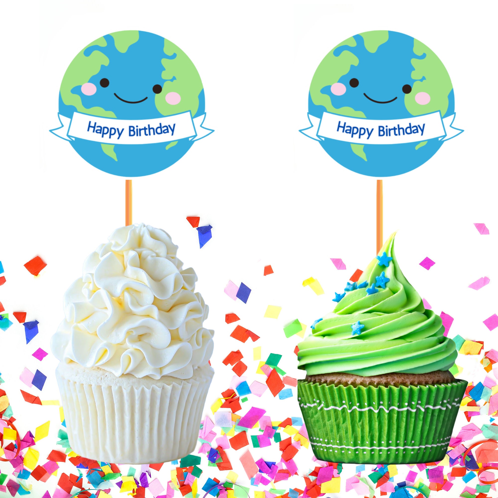 Happy Earth Happy Birthday Themed Birthday Cupcake Topper Set, Spaced ...
