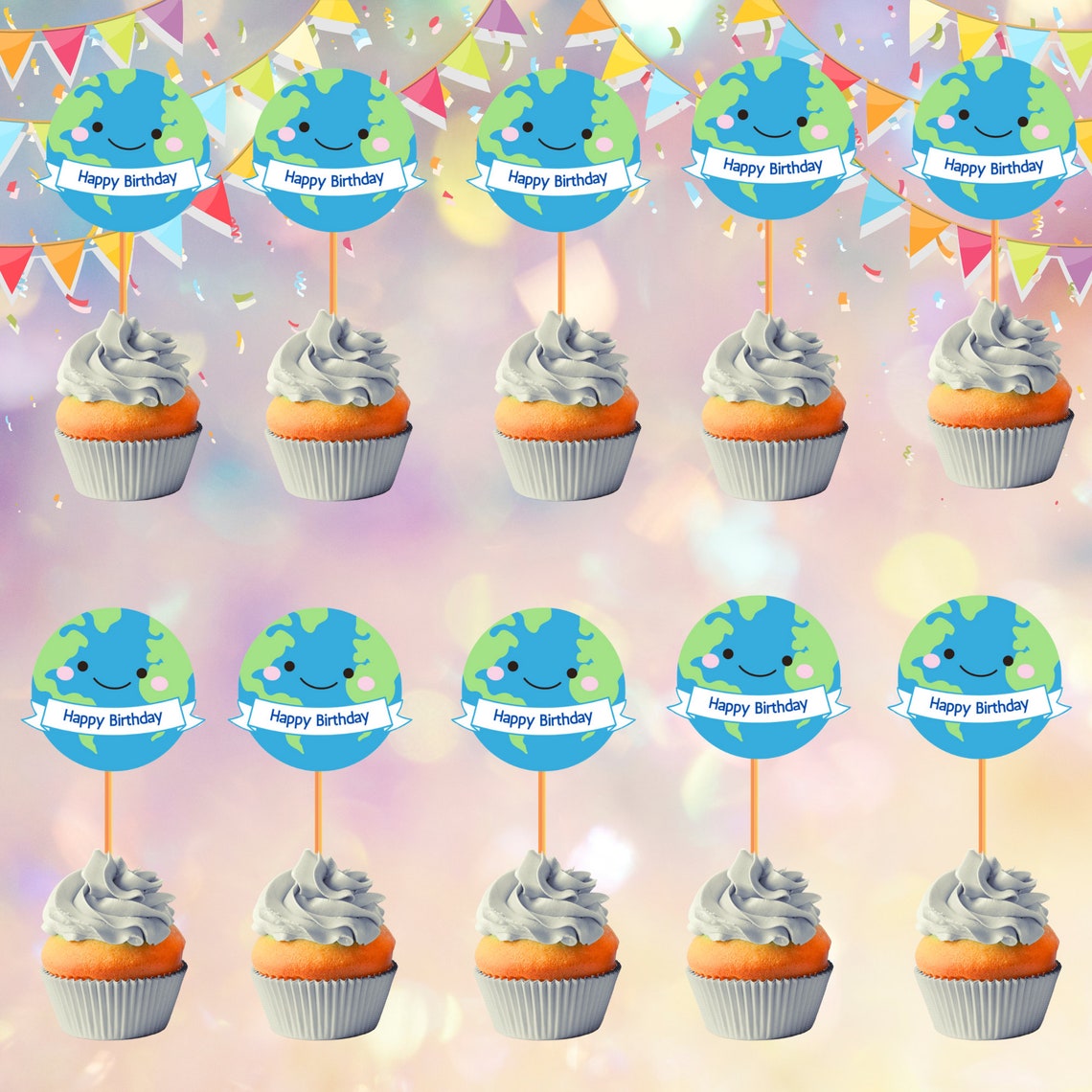 Happy Earth Happy Birthday Themed Birthday Cupcake Topper Set, Spaced ...