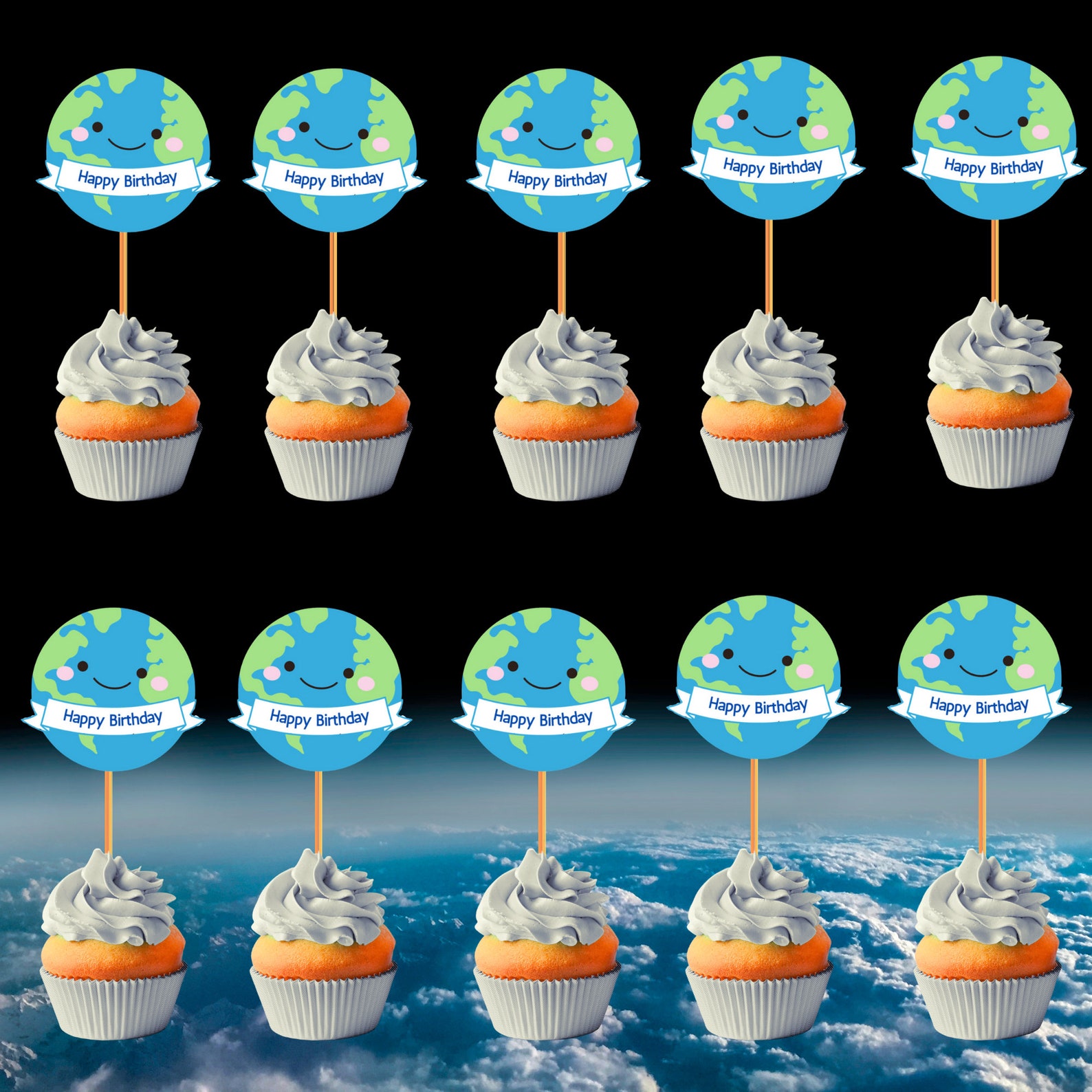 Happy Earth Happy Birthday Themed Birthday Cupcake Topper Set, Spaced ...