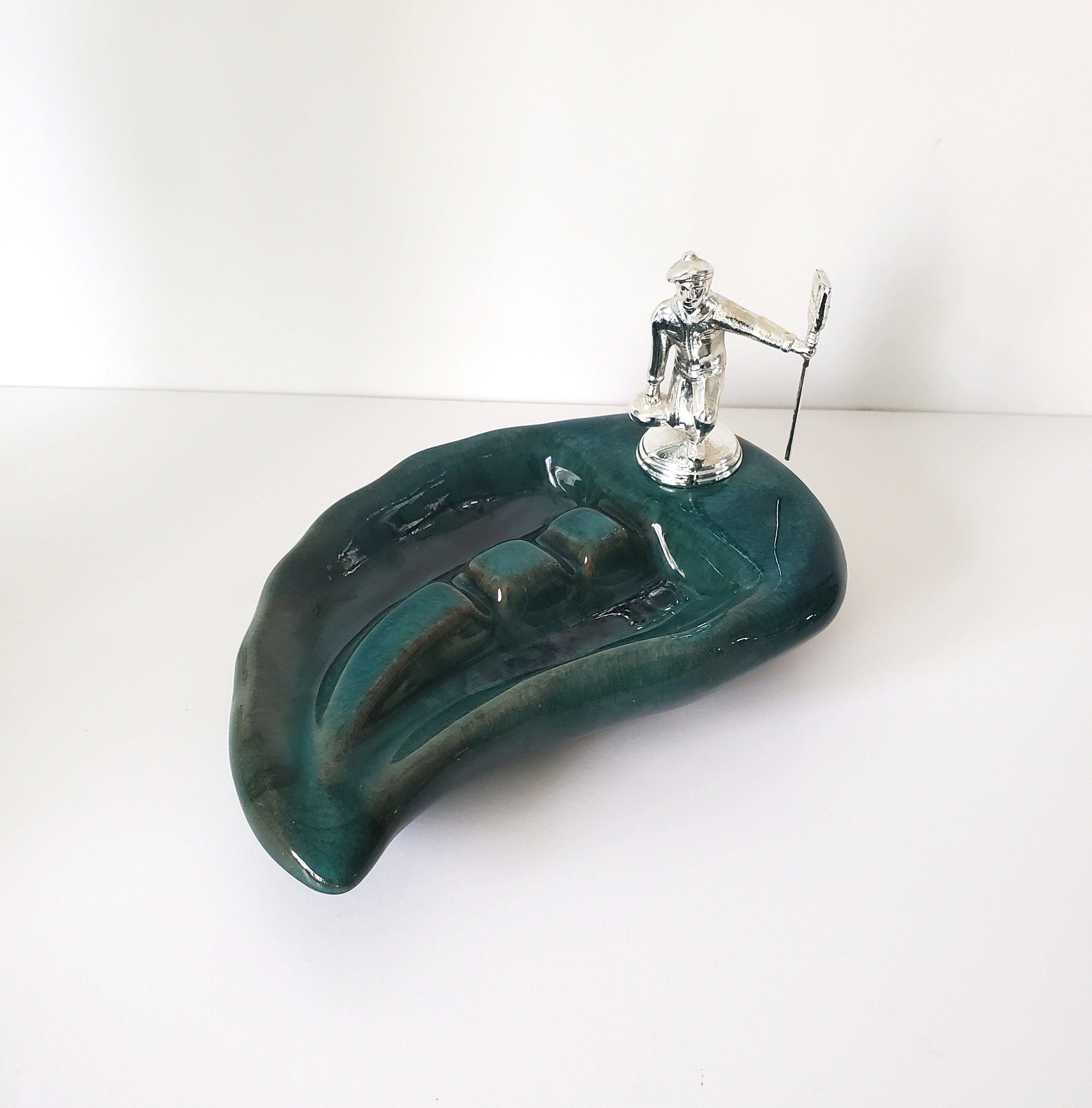 Vintage Ashtray Blue Mountain Style With Silver Statue of Man Curling ...