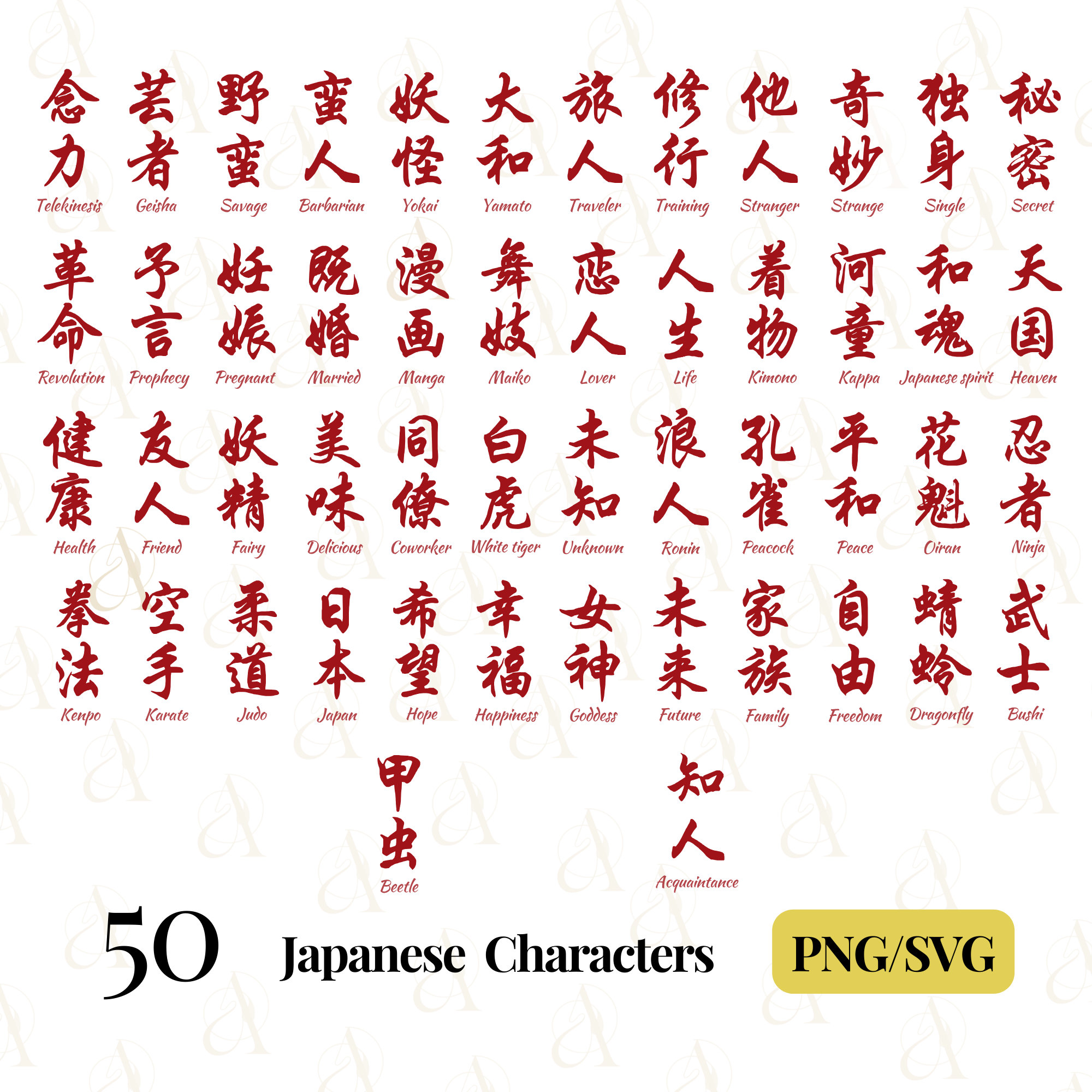 Japanese Word SVG Bundle, Manga Japanese Calligraphy, Lover Kanji PNG ...