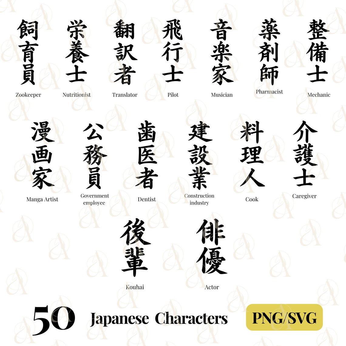 Japanese Kanji Job Titles SVG/PNG Bundle - 50 Profession Symbols for ...