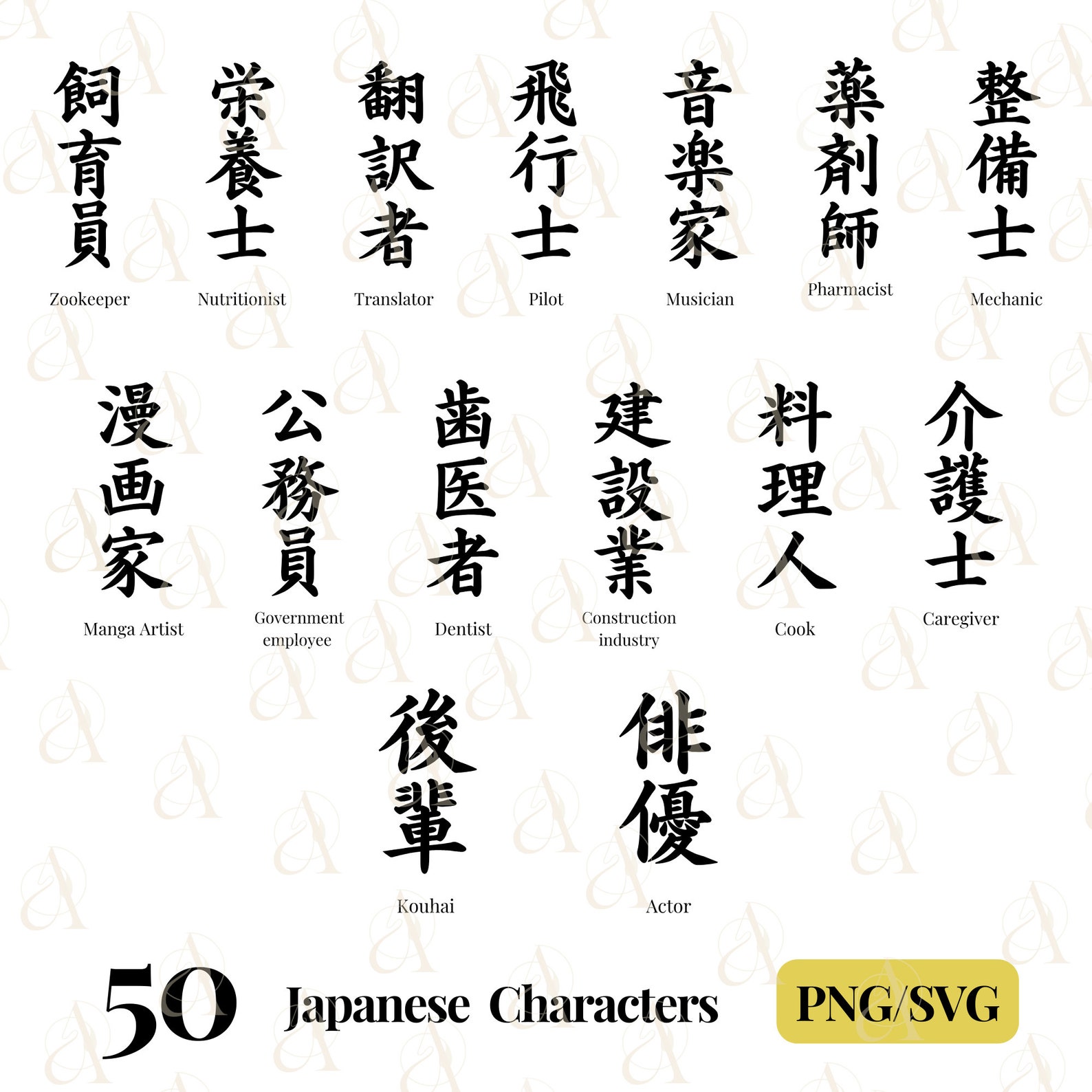 Japanese Kanji Job Titles SVG/PNG Bundle - 50 Profession Symbols for ...