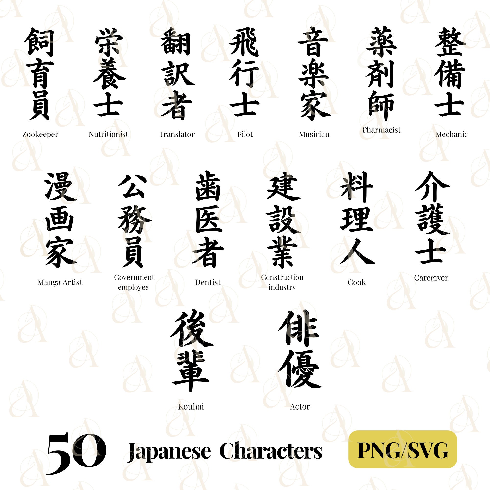 Japanese Kanji Job Titles SVG/PNG Bundle 50 Profession Symbols for Pod ...